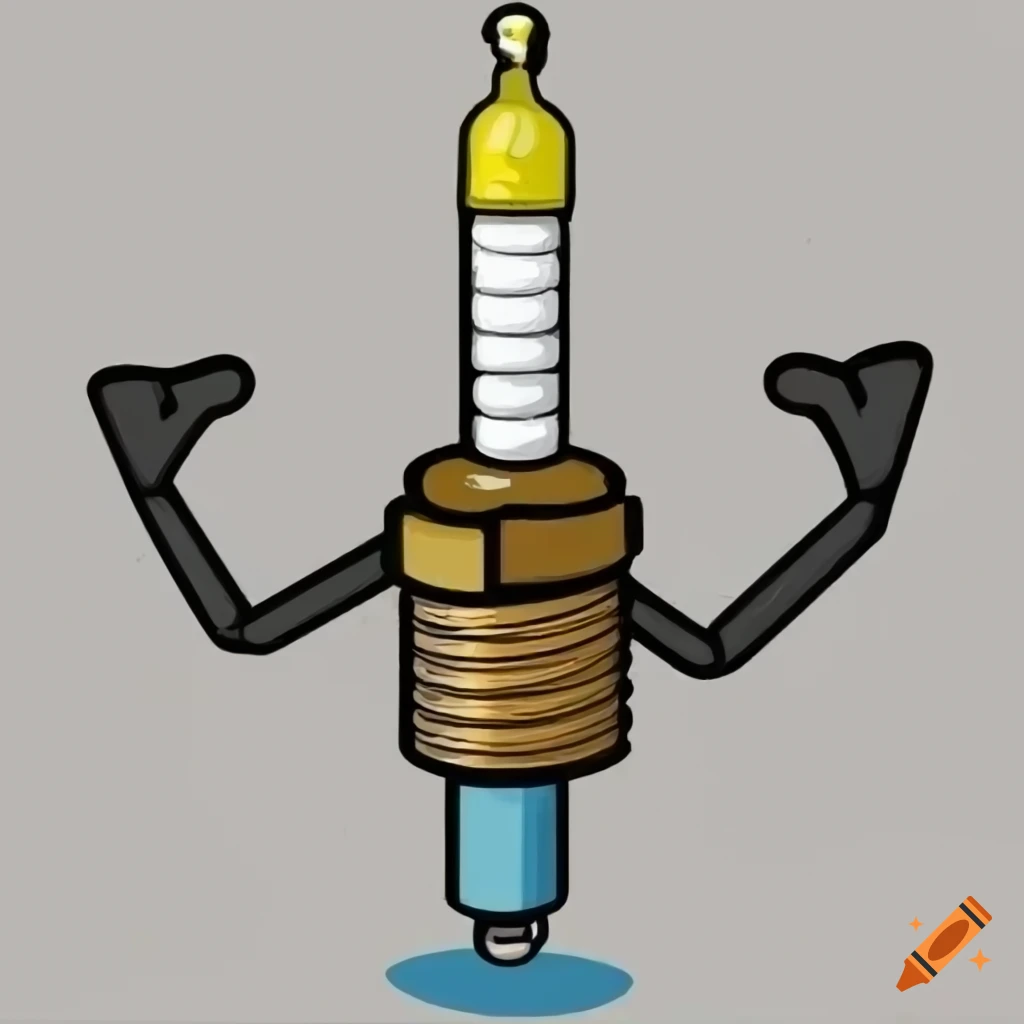 Cartoon spark plug with big eyes walking down a street on Craiyon