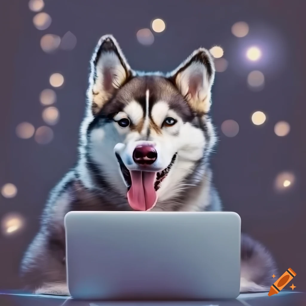 Happy husky using macbook in front of dark background with sparkles on ...