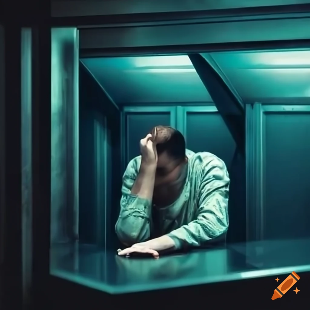 Man crying at currency exchange booth in an airport terminal on Craiyon