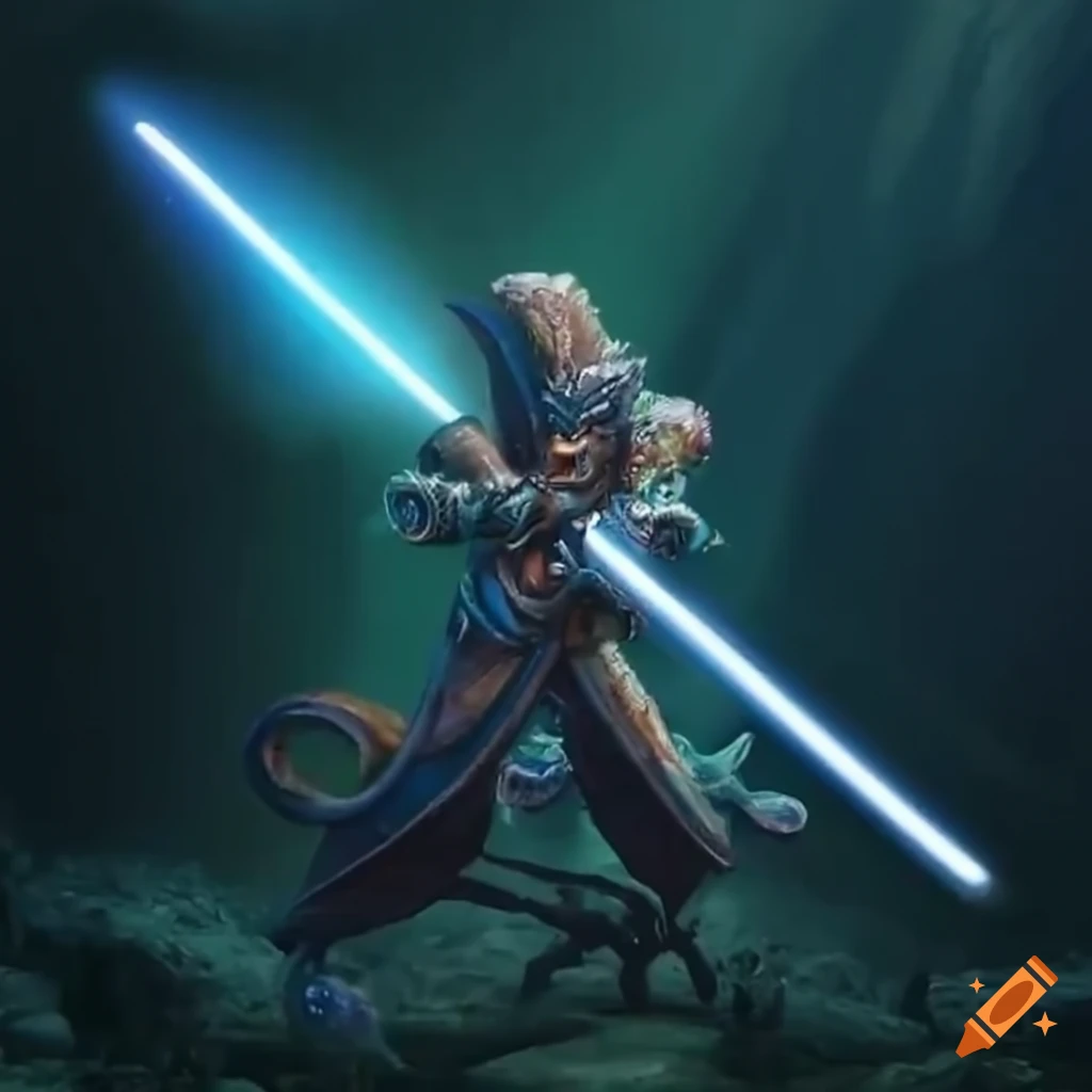 Octopus warrior with a blue lightsaber in an epic underwater duel on ...