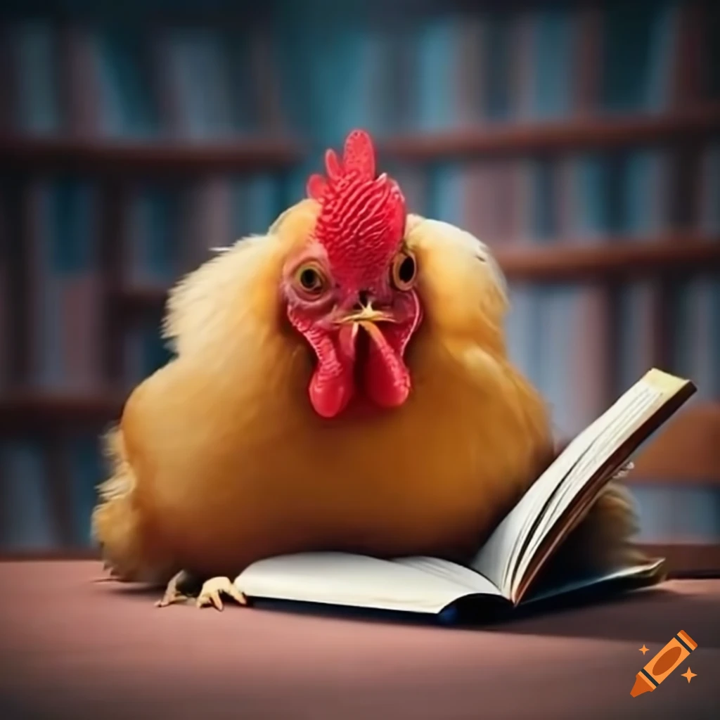 Funny chicken reading a book in a study hall on Craiyon
