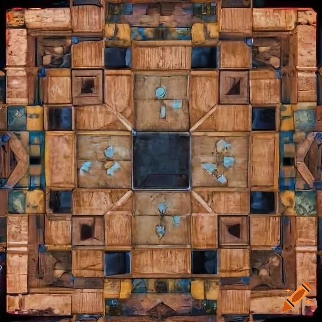 Top down view of a game board with medieval aesthetic and vivid colors ...