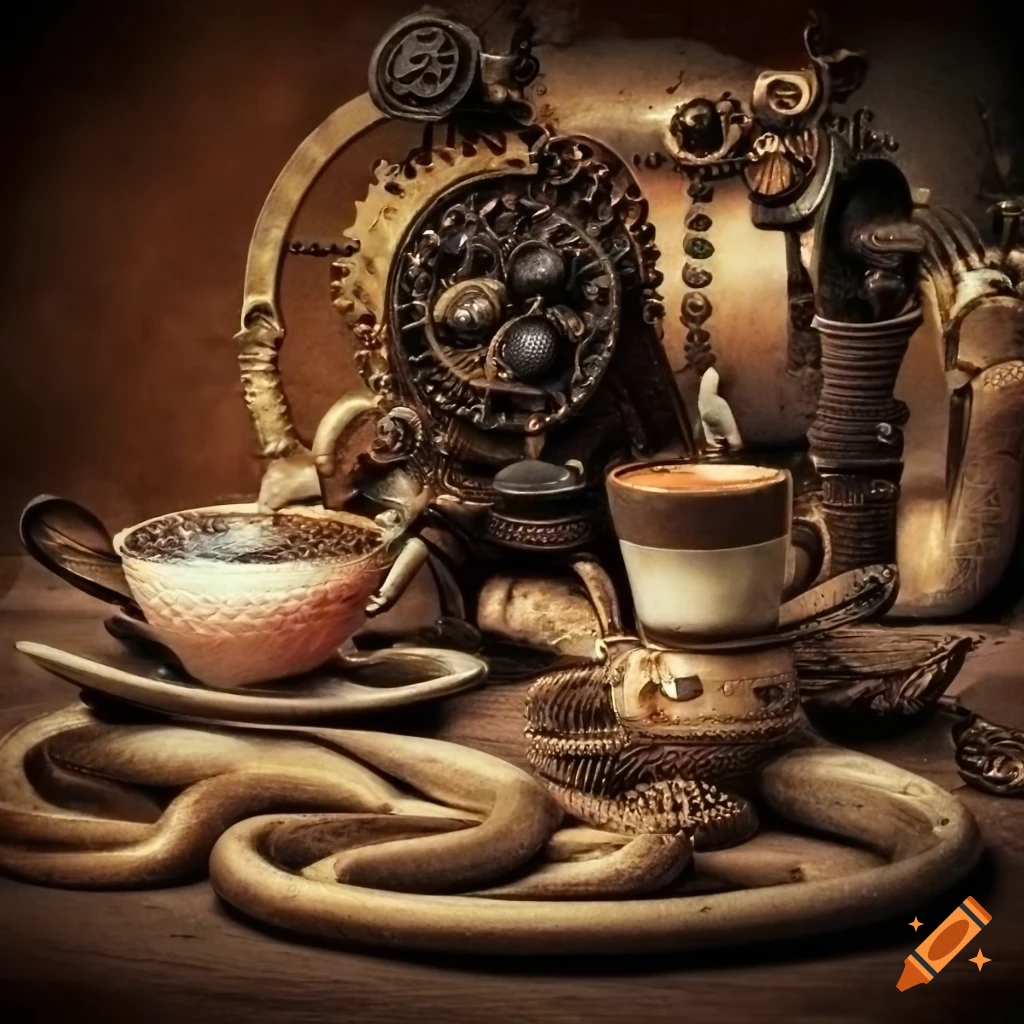 Vintage steampunk setting with coffee and snakes on Craiyon