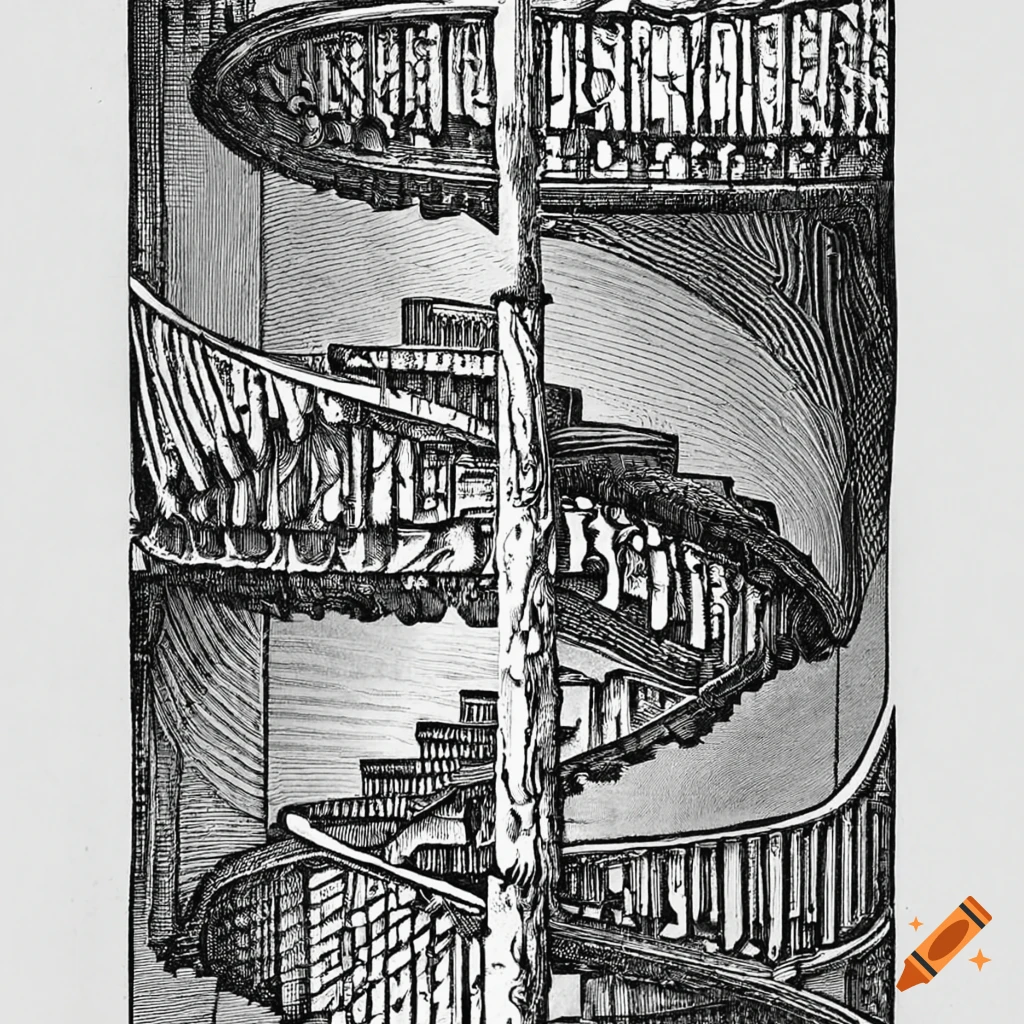 Spiral stairs in black and white engraving style on Craiyon