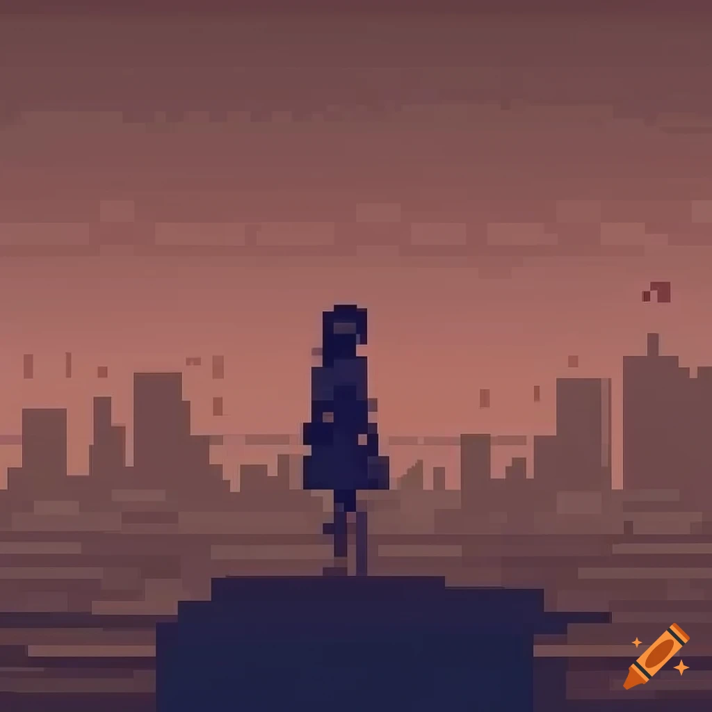 Lonely girl wandering in a big city in pixel art with god rays in sepia ...