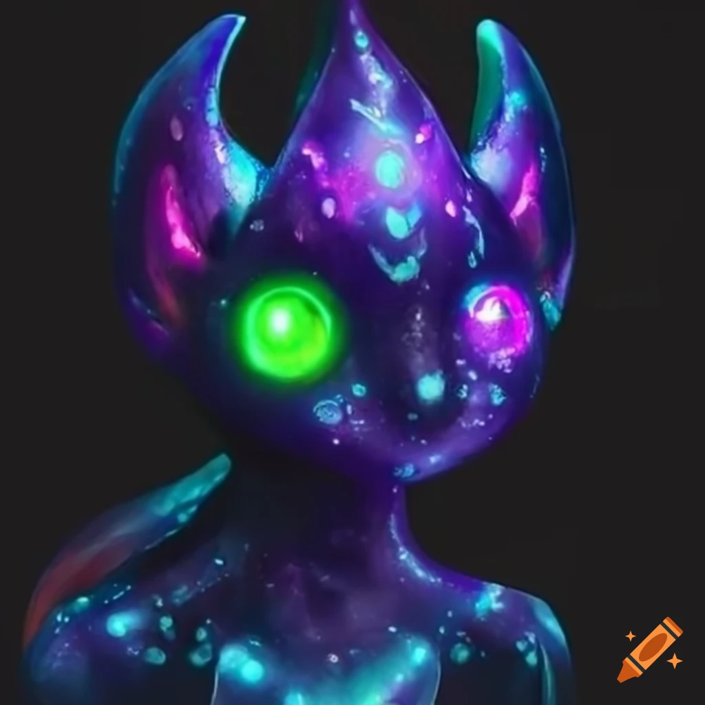 Cute creature made of obsidian with glowing purple eyes on Craiyon