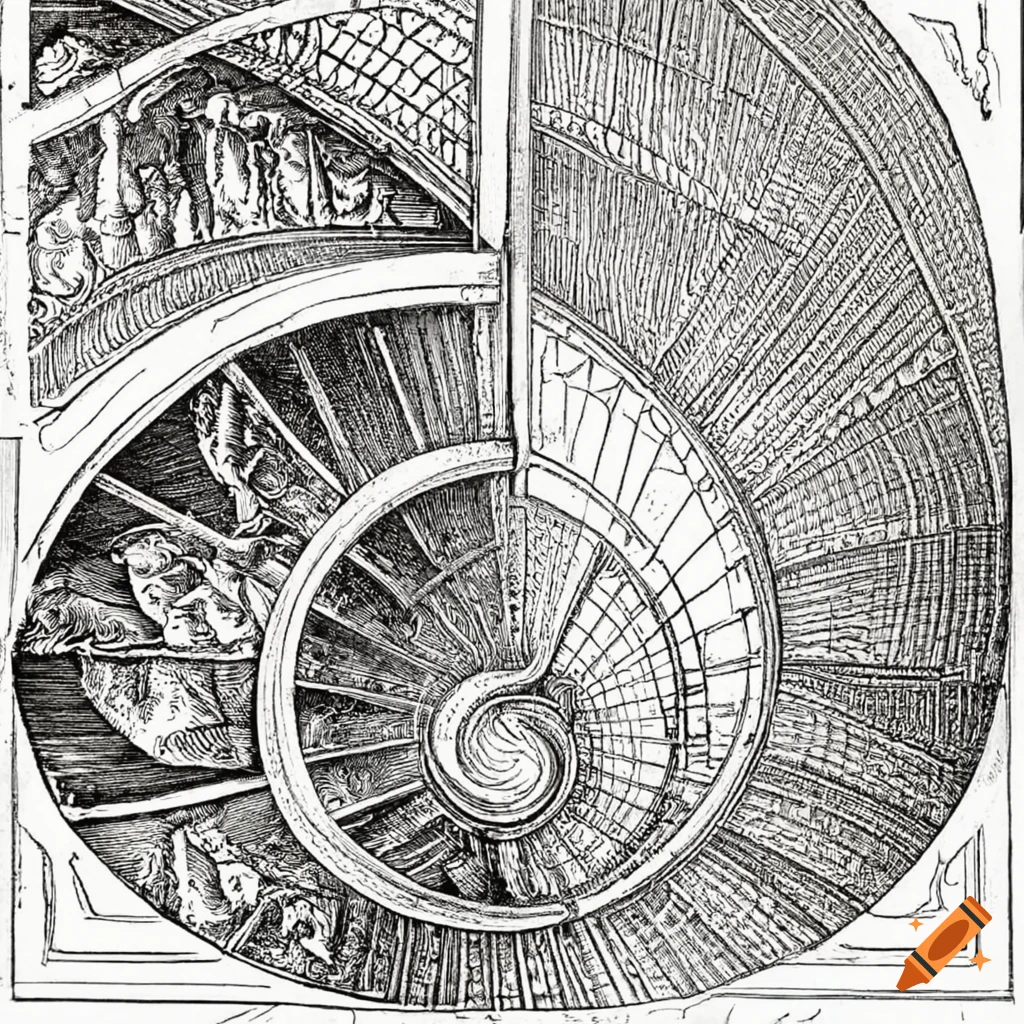 Spiral stairs in black and white engraving style on Craiyon