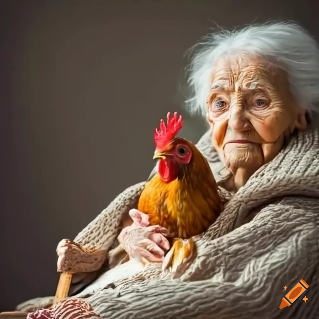 Elderly woman with a chicken in a rocking chair on Craiyon
