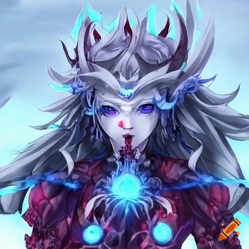 Anime holy man lord and ice blizzard prince in demonic dress holding a ...