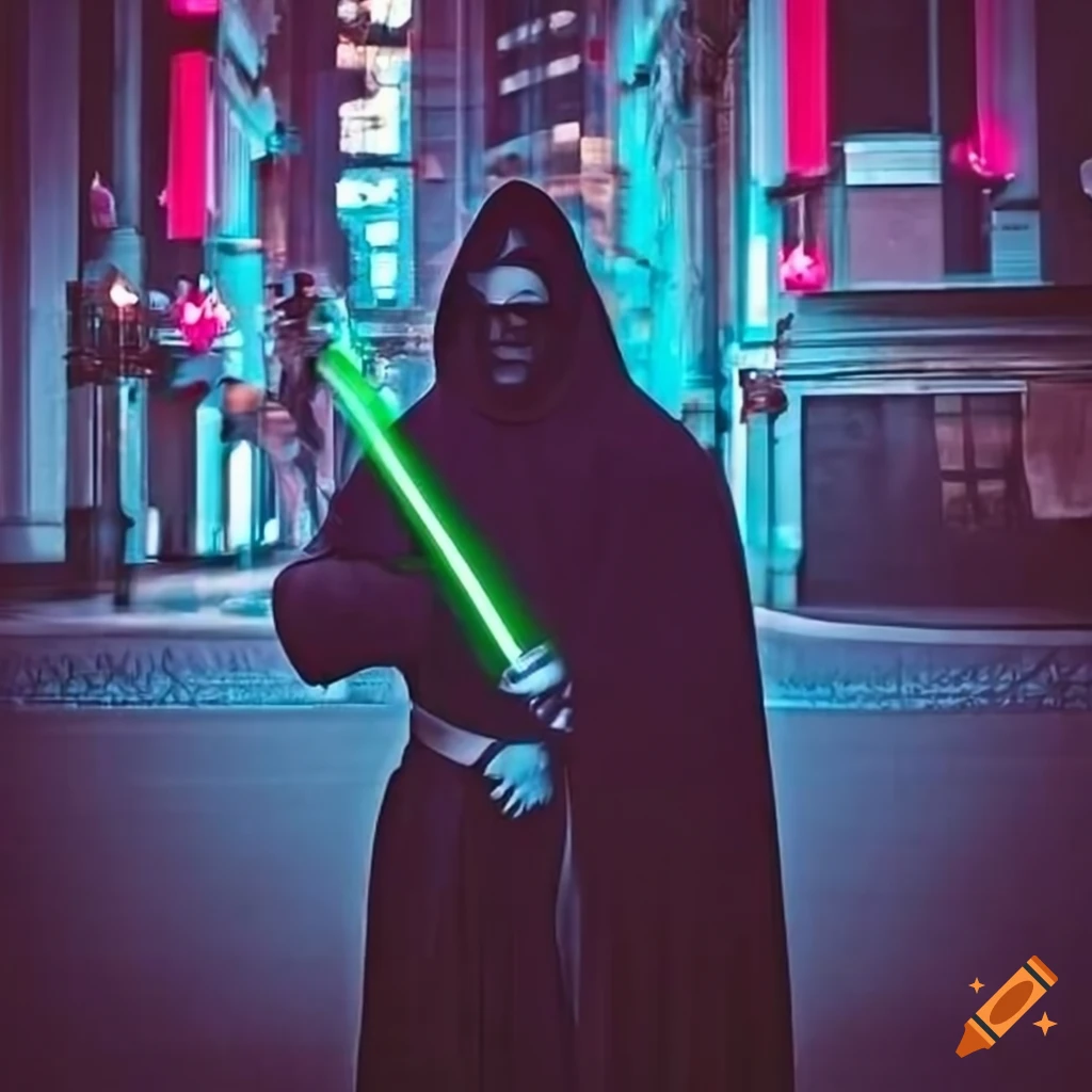Nautolan Jedi Knight in dark robes in a city with neon lights on ...