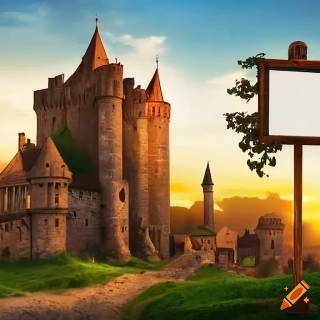 Medieval town with castle and blank signs on Craiyon