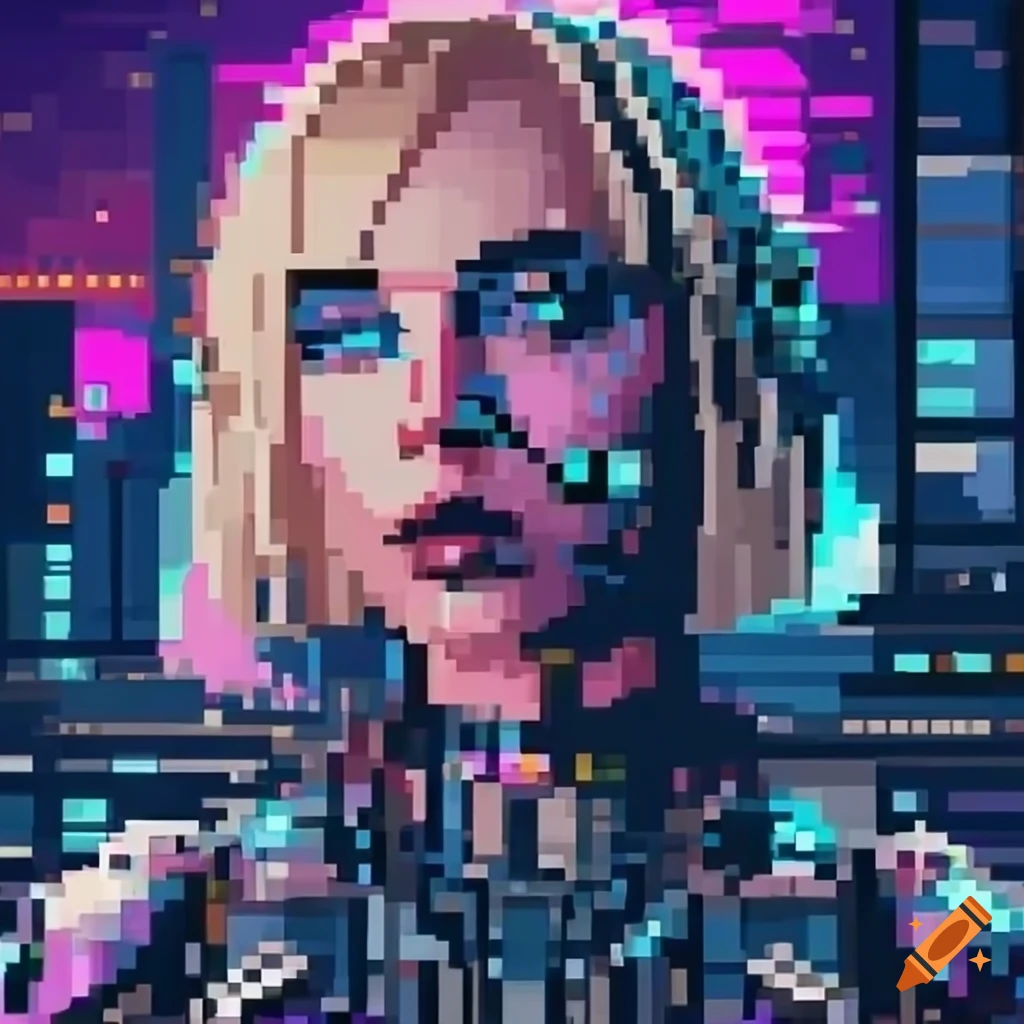 Pixel art portrait of a Russian android cyborg girl on top of a ...