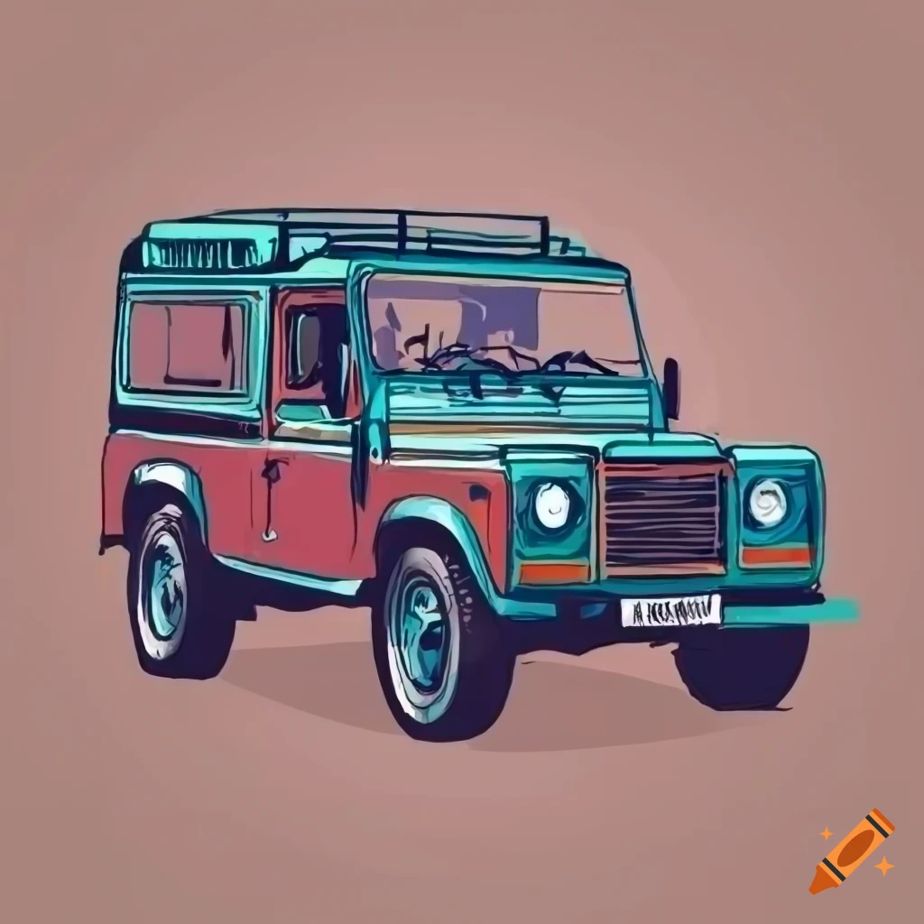 Vintage land rover defender 90 in user hand-drawn retro style on Craiyon