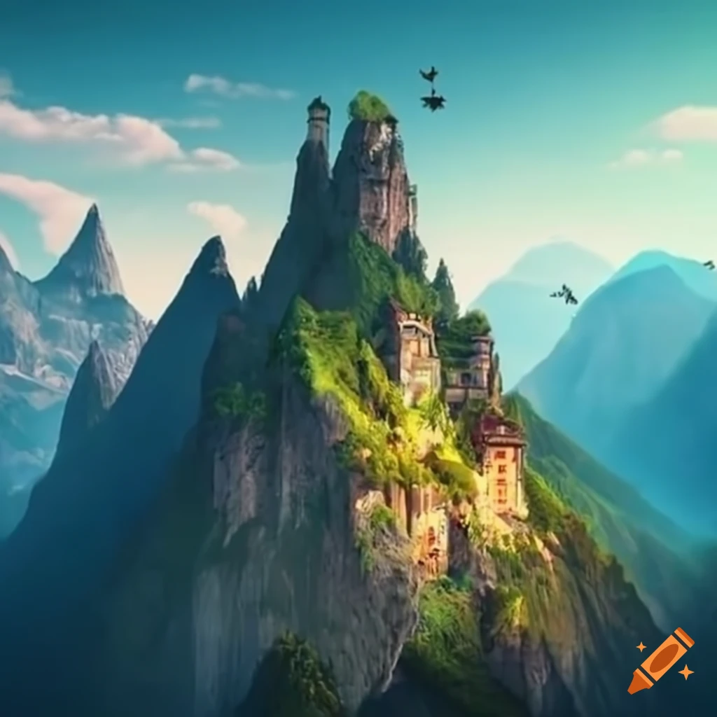 Magical mountain town perched on towering cliffs on Craiyon