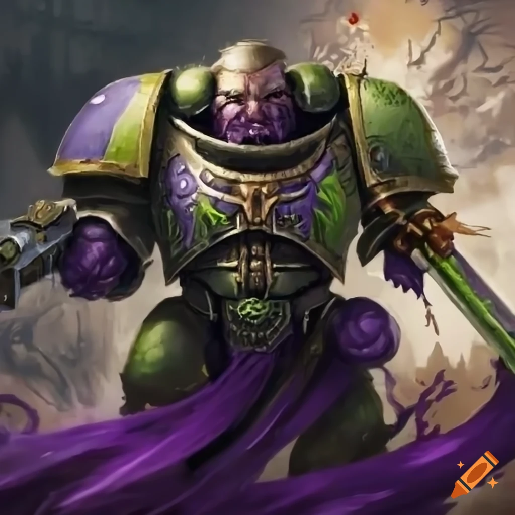 Warhammer 40k Space Dwarf with green armor and purple energy sword on ...