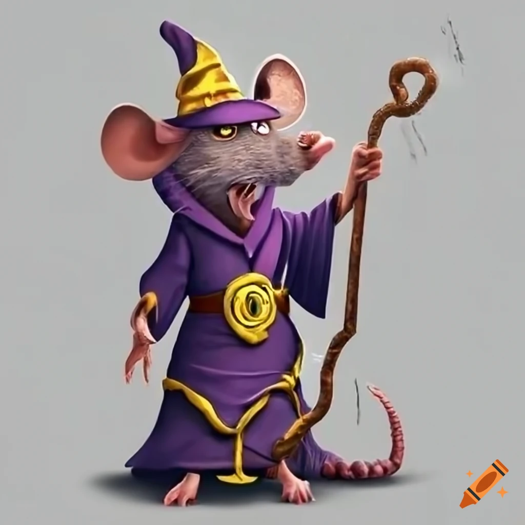 Rat wizard holding a staff with a worm on top on Craiyon
