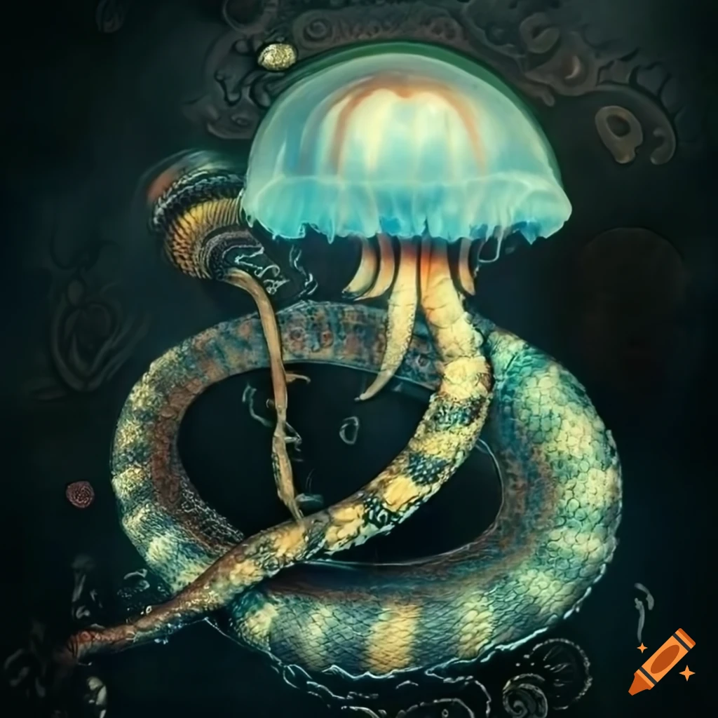 Vintage steampunk illustration of snakes and jellyfish on Craiyon