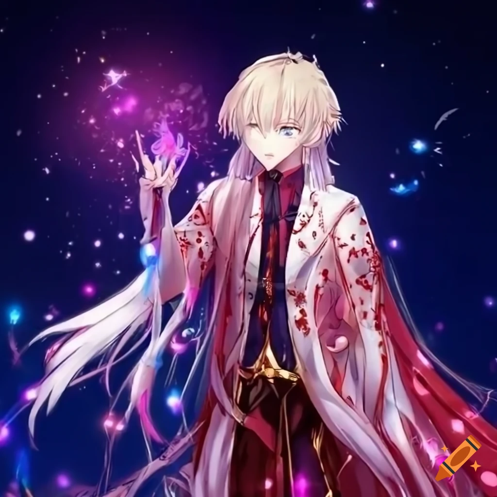 Anime blond king in splendid cosmos attire with angelic features on Craiyon