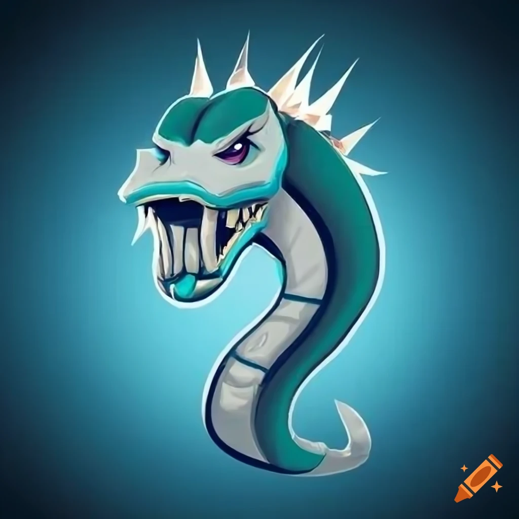Icy serpent team mascot with open jaw and glistening teeth on Craiyon