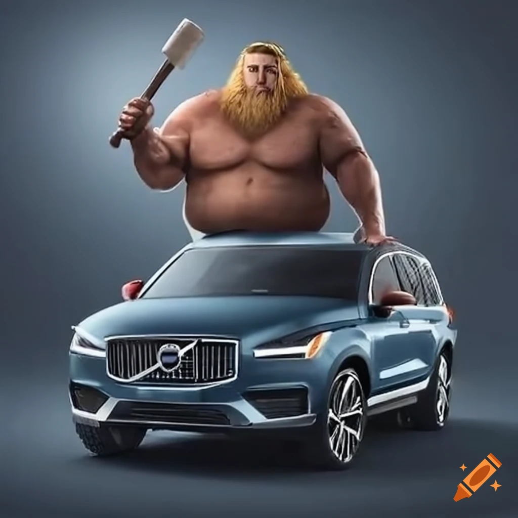 Thor hitting a car with his hammer on Craiyon