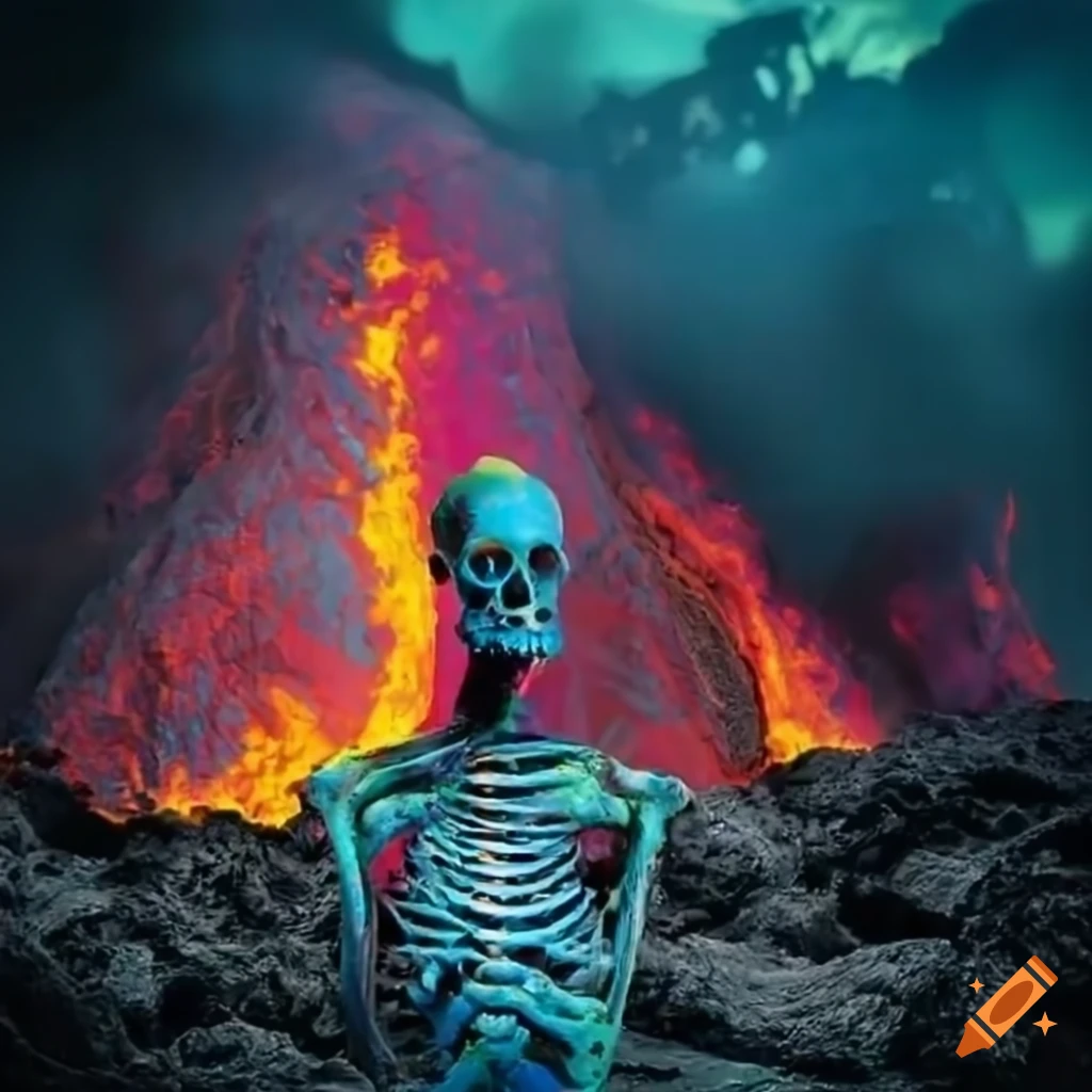 Colorful skeleton on mountaintop in pool of lava on Craiyon