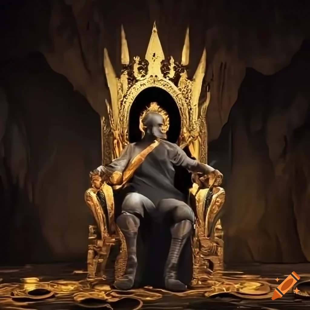 Man sitting on a throne surrounded by gold coins in a cave on Craiyon