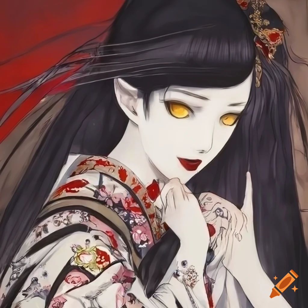 Beautiful Japanese vampire with long black hair and yellow eyes in a ...