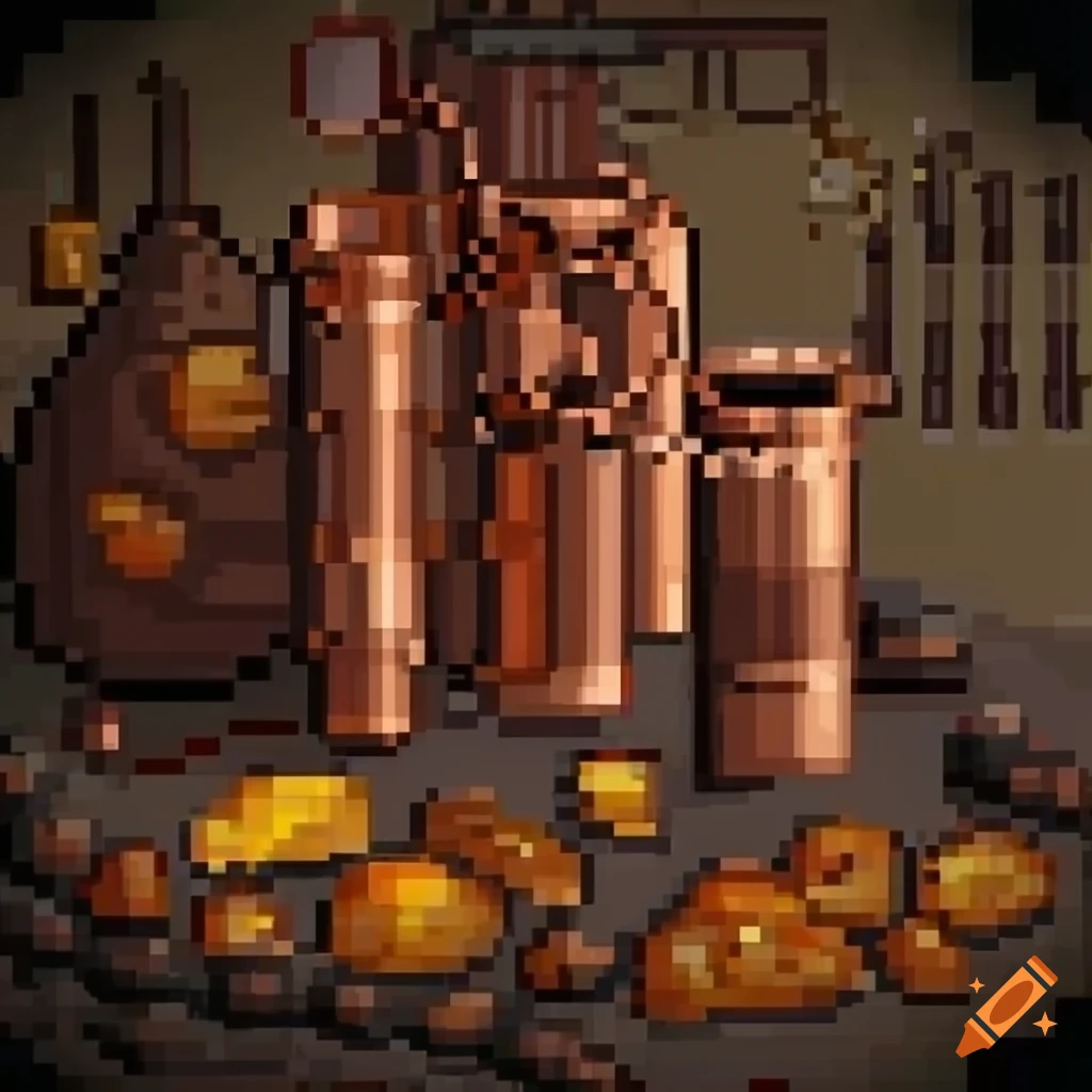 Copper tubes and amber stones in pixel art with a steampunk theme on ...