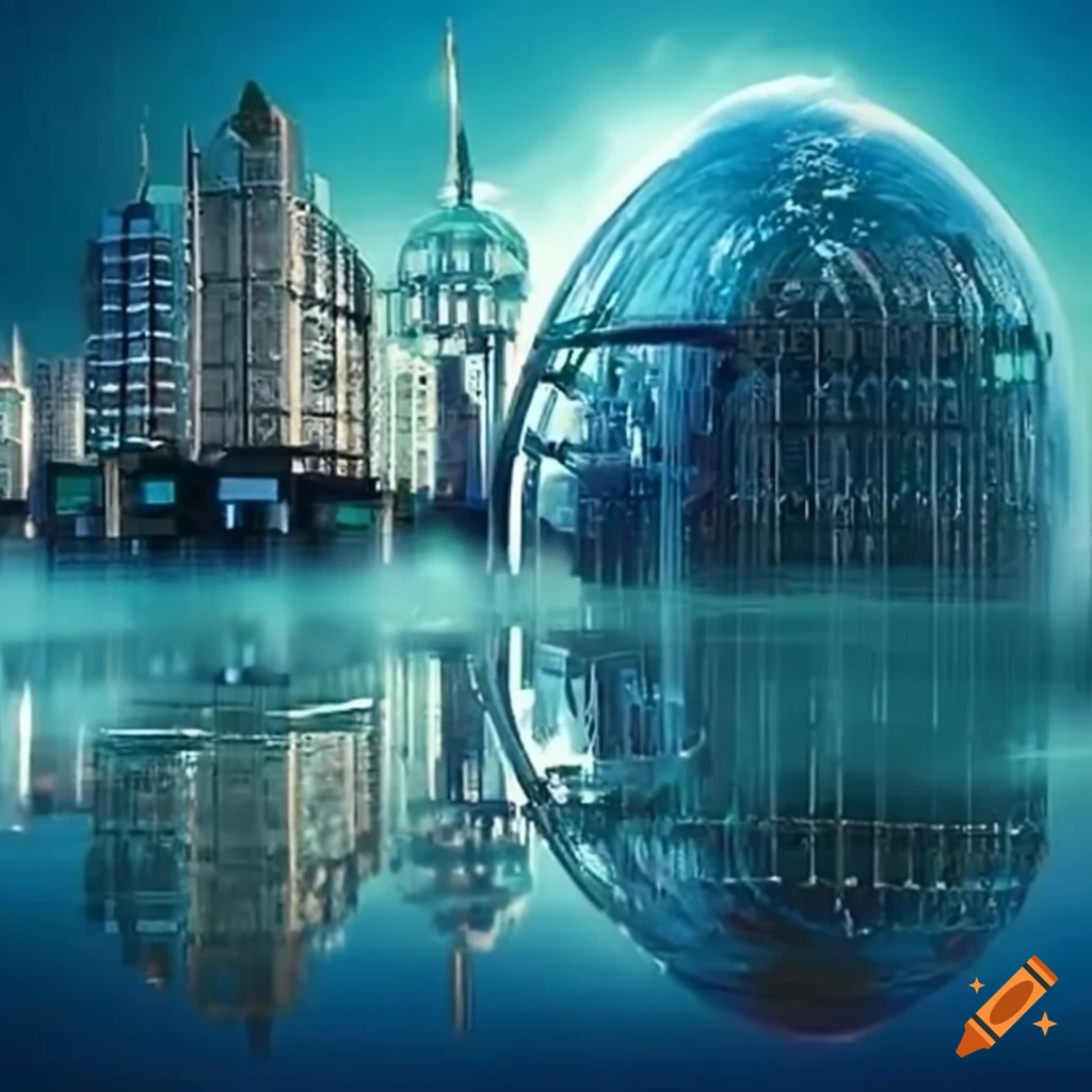 Futuristic cityscape with water-powered hydroelectric technology on Craiyon