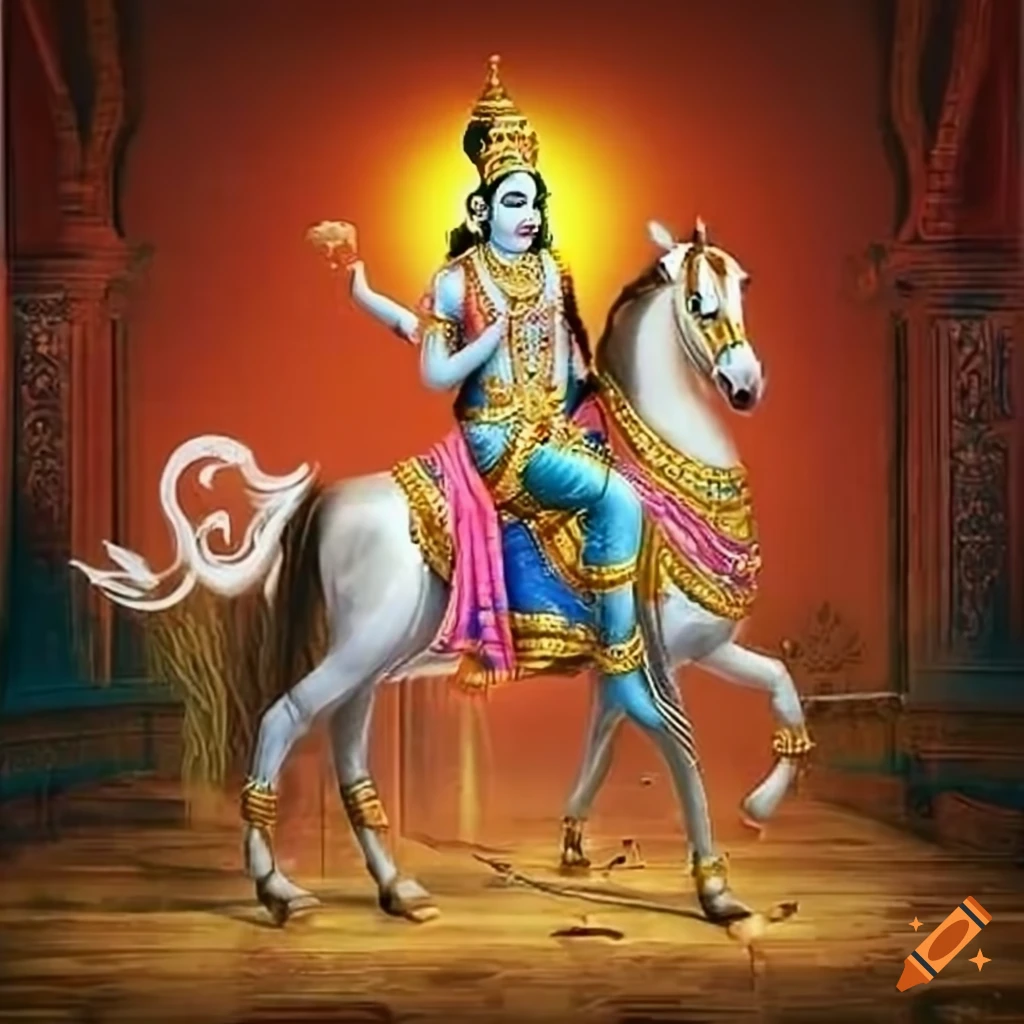 Kalki, the 10th form of lord vishnu with a white horse raising both ...