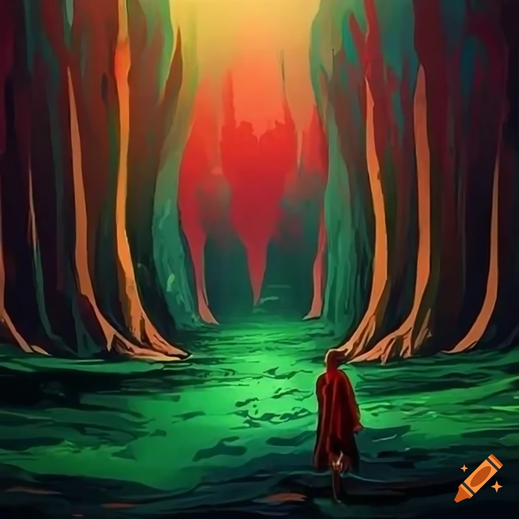 Giant with red eyes screaming in a forest surrounded by mountains on ...