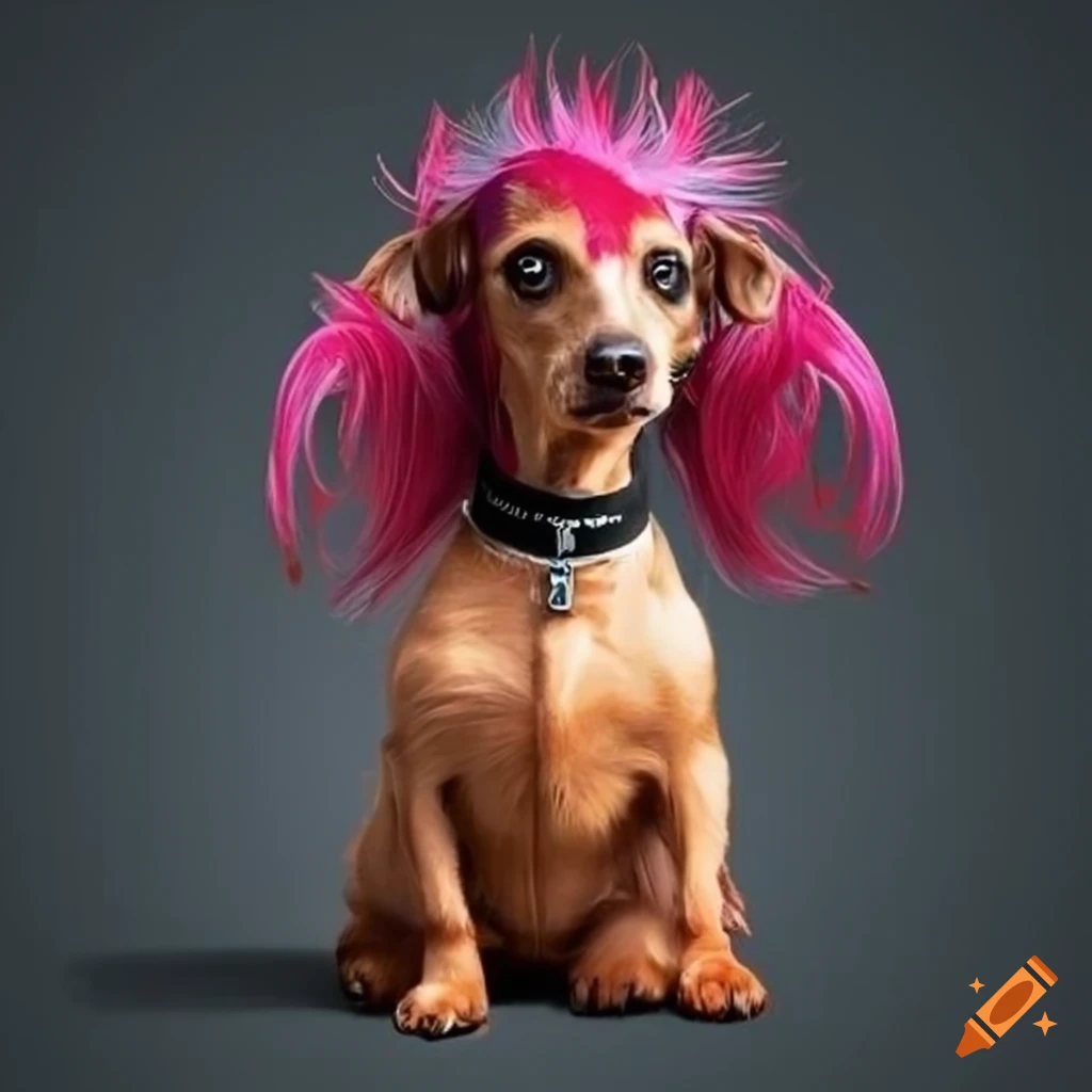 Quirky weiner dog with emo hairstyle and band t-shirt on Craiyon