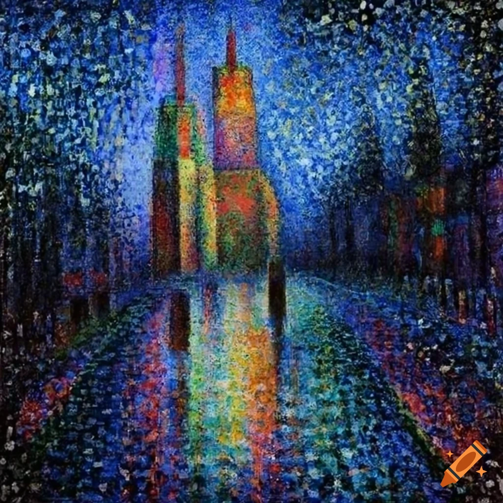 Moody seurat-style painting of a detailed victorian cathedral at night ...
