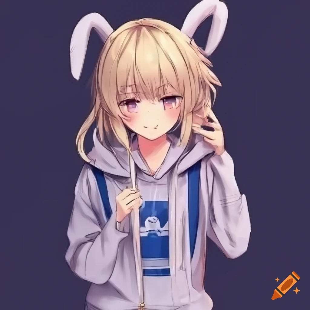 Happy college femboy with blonde hair and bunny ear hoodie on Craiyon
