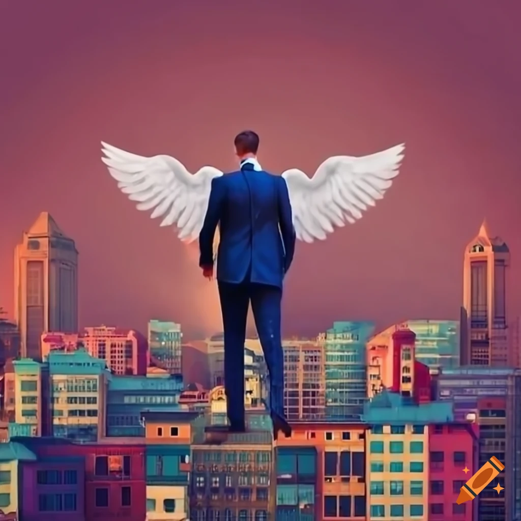Man in suit with angel wings flying over colorful city on Craiyon