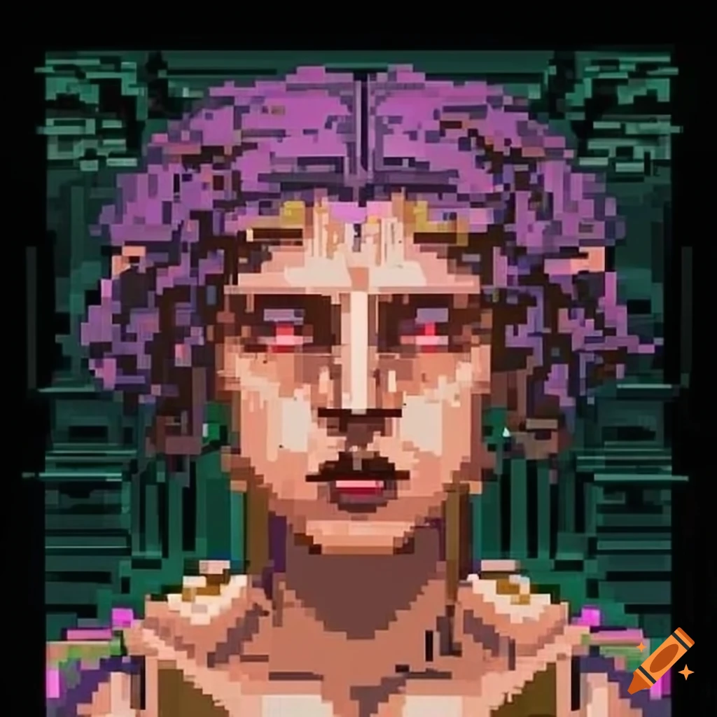 Greek God Apollo In A Cyberpunk Café In Pixel Art Style On Craiyon