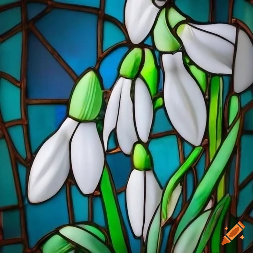 Stained glass window with intricate snowdrop flower design on Craiyon