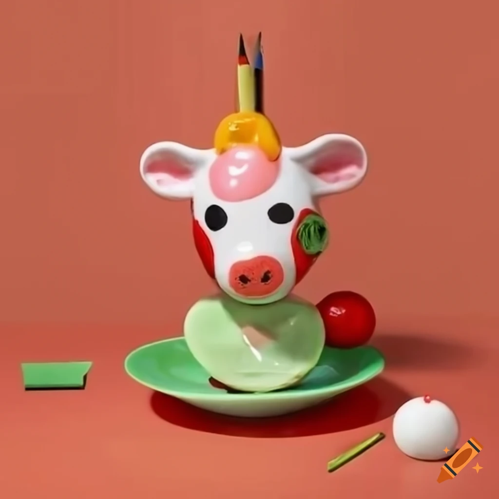 Still life composition with kitsch ceramic fruits and various objects ...