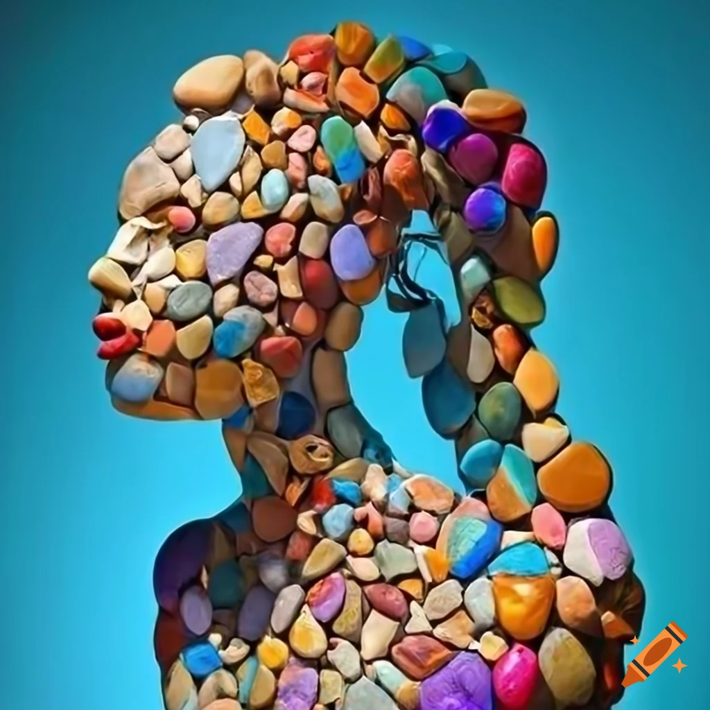 Fantasy artwork of a women's sculpture made from vibrant pebbles in ...