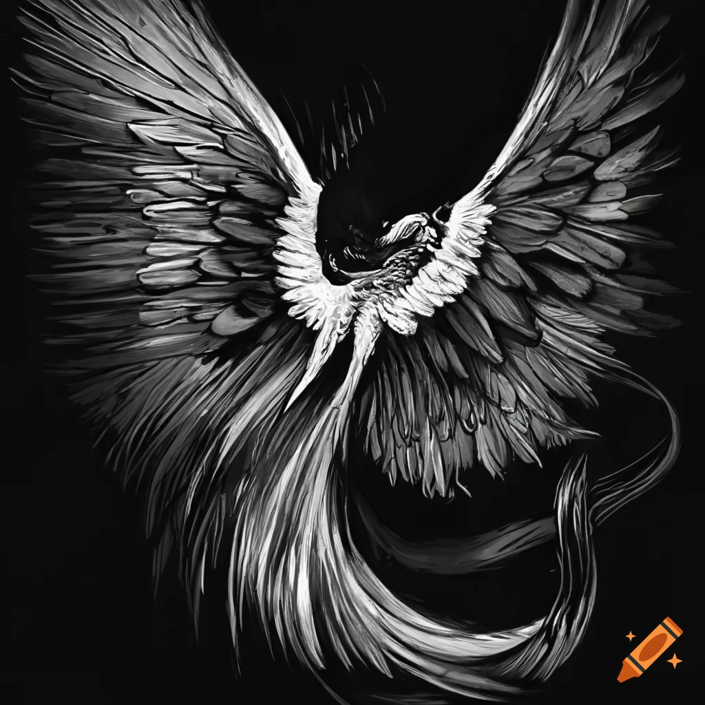 Phoenix bird facing front with open wings in black sketch on Craiyon