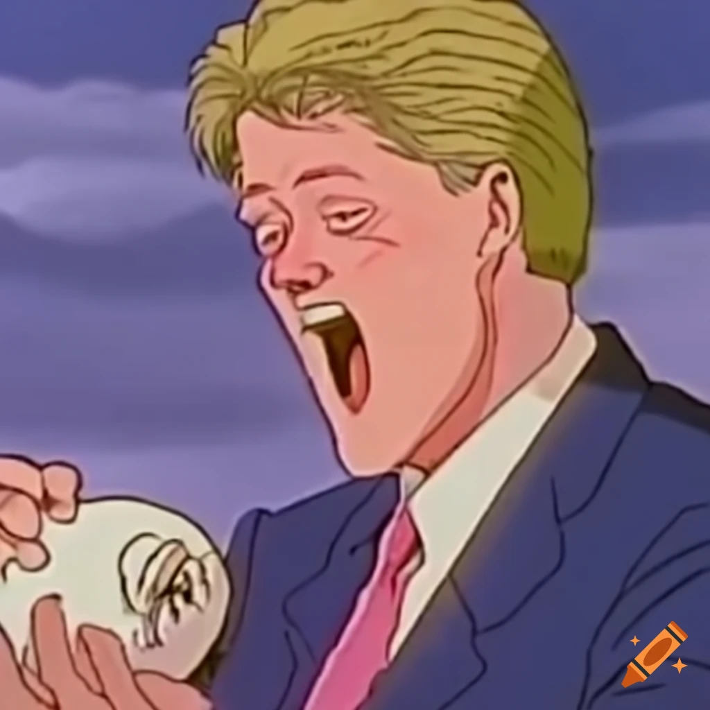 90's anime of Bill Clinton enjoying a riceball on Craiyon