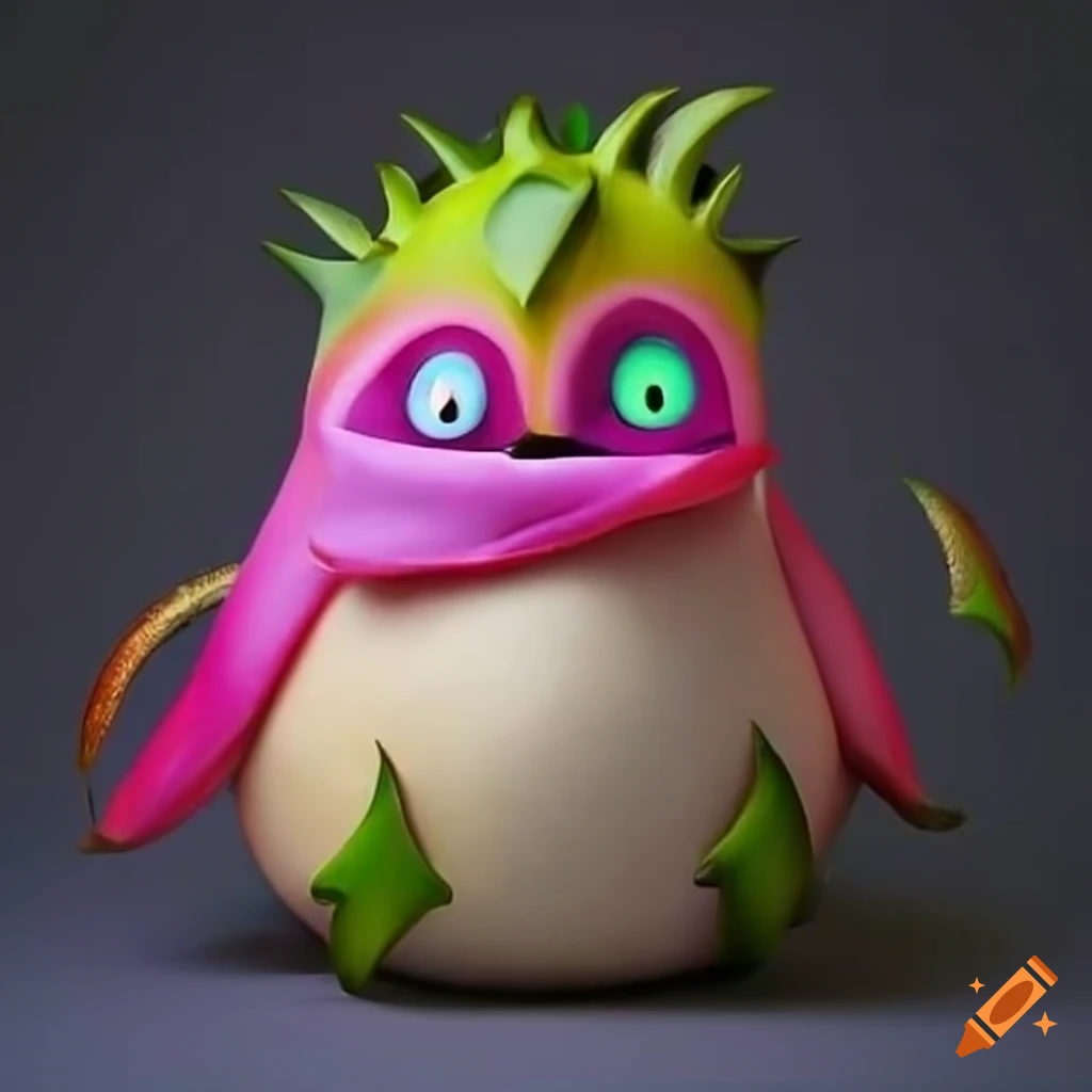 Cute fantasy penguin made of gourd covered in dragonfruit on Craiyon