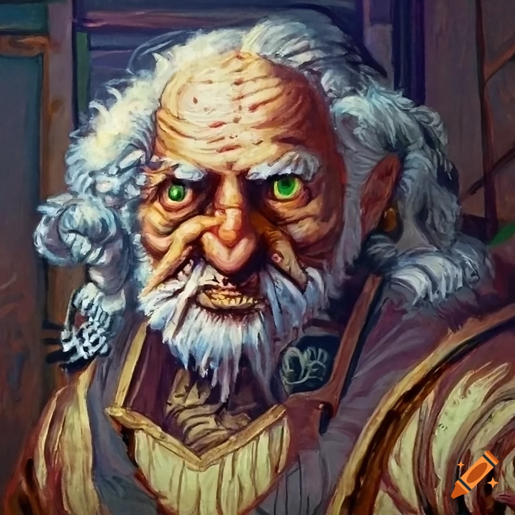 White-haired innkeeper cleaning a beer mug in a medieval tavern on Craiyon