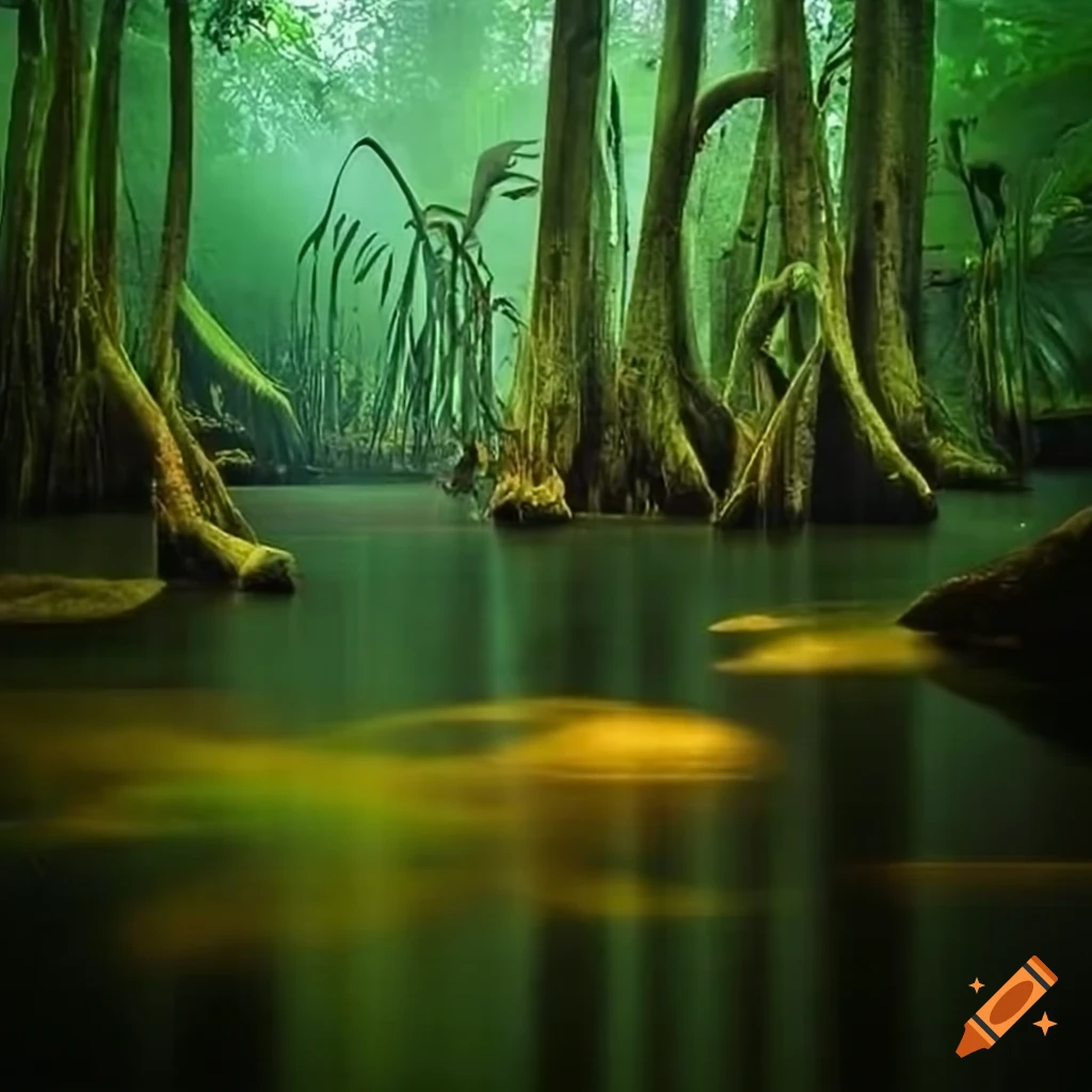 Mountain swamp in a tropical setting on Craiyon