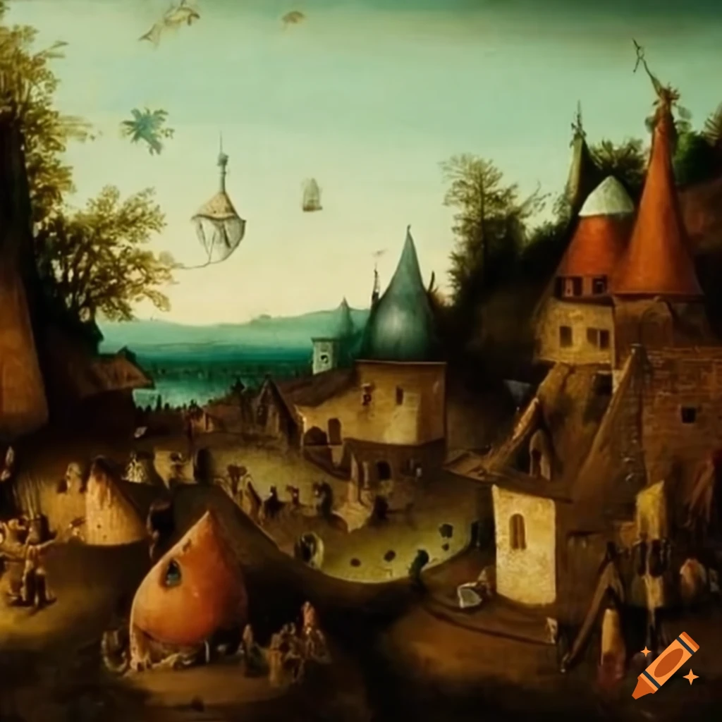 Hieronymus bosch village scene on Craiyon
