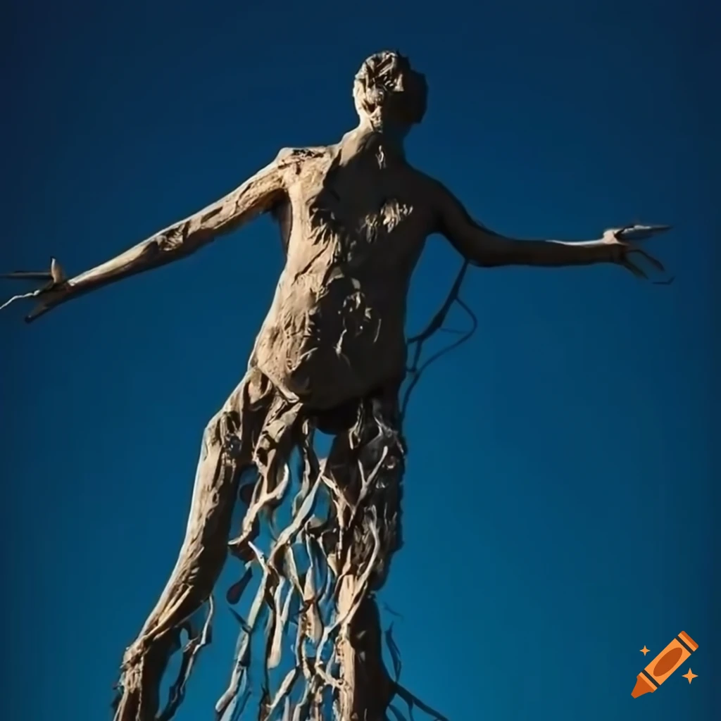 Distorted figure entangled in web sculpture in a destroyed landscape ...