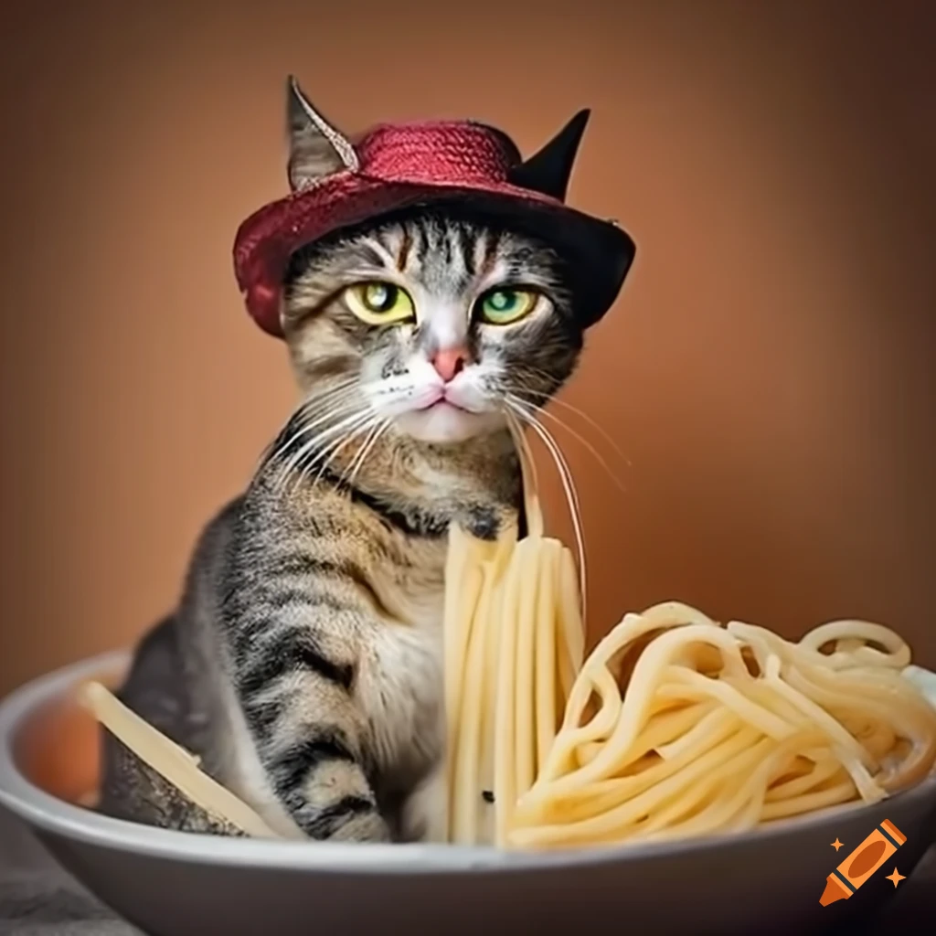 Cat with hat in a bowl of spaghetti on Craiyon