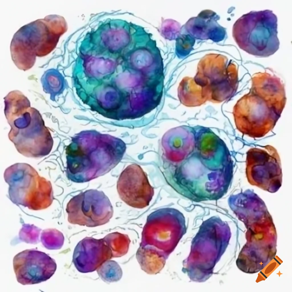 Microscopic view of animal cells in watercolor on white background on ...