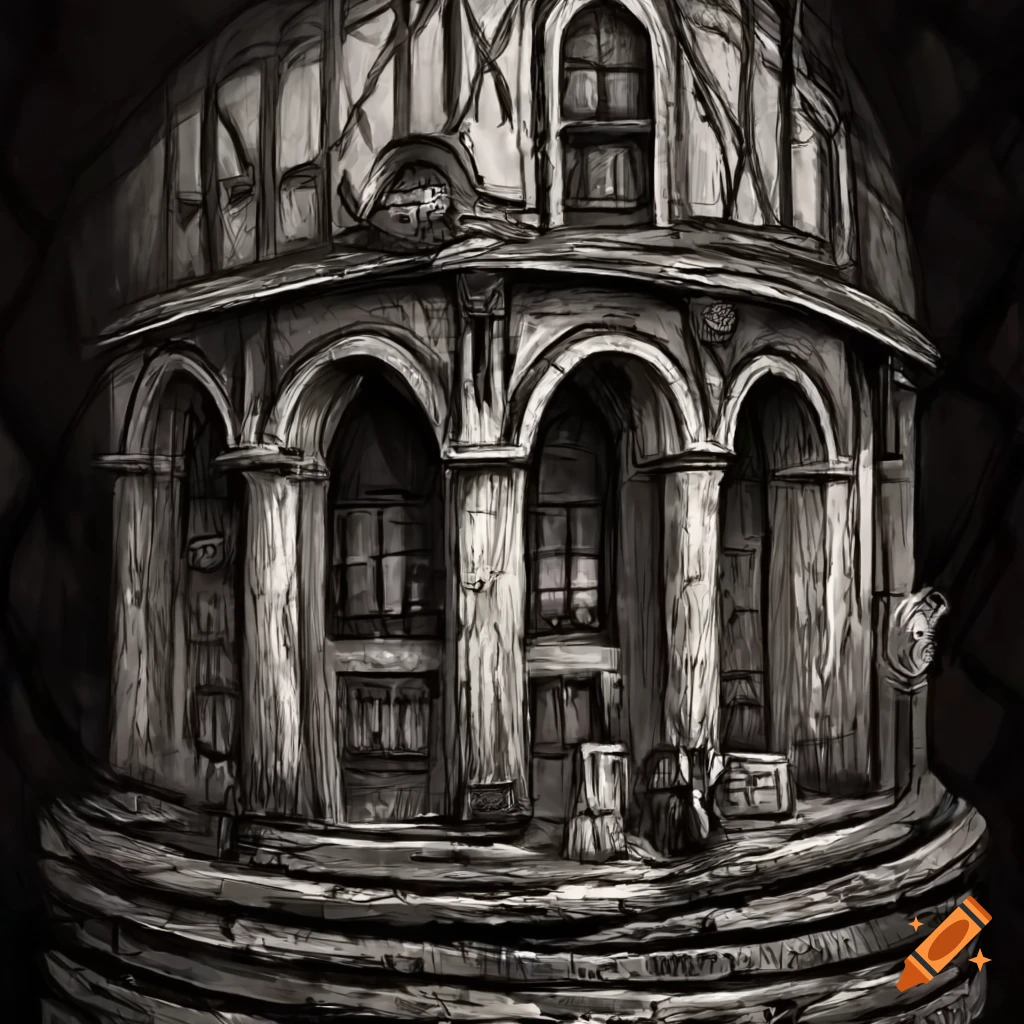 Intricately designed round fantasy medieval store building on Craiyon