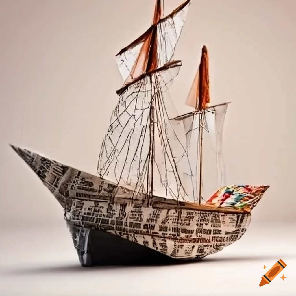 Newspaper origami sailboat with a doll steering on Craiyon